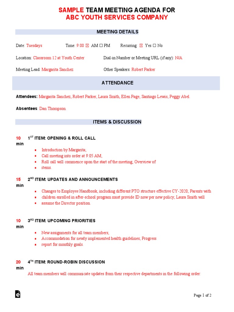 Sample Team Meeting Agenda Pdf