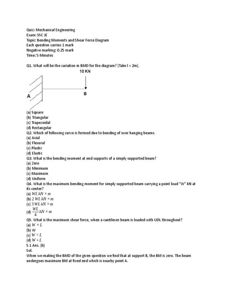 SSC JE QUIZ 7 Bending Moments and Shear Force Diagram | PDF | Bending ...