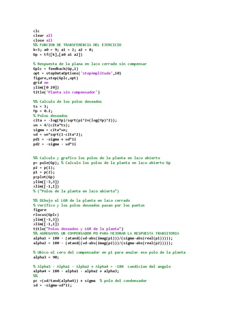 Codigo Ejercicio 1 Control Analogo | PDF