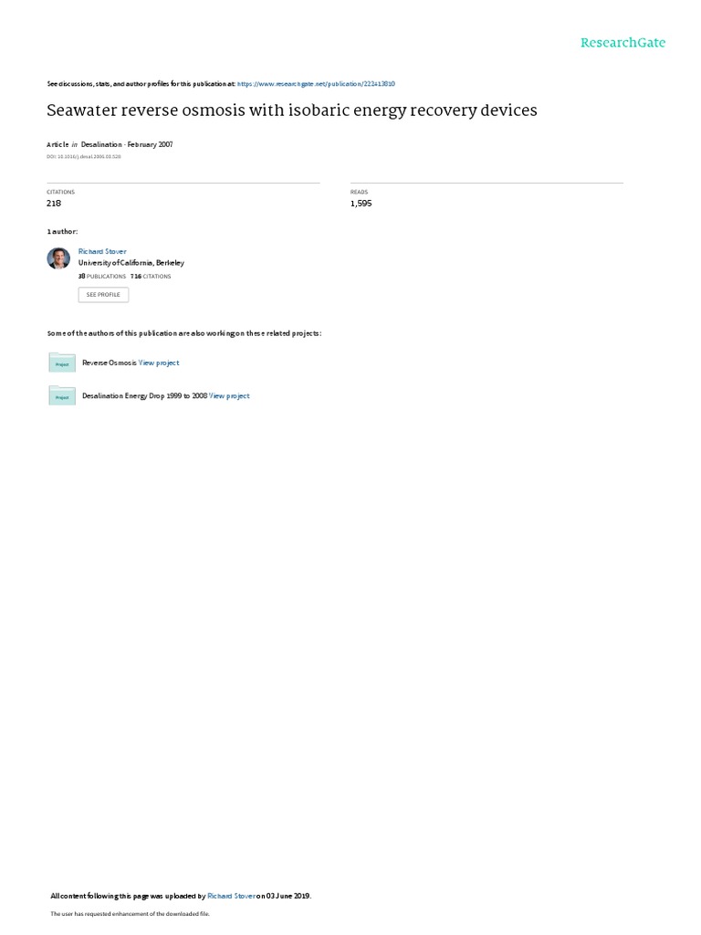 Seawater Reverse Osmosis With Isobaric Energy Recovery Devices ...