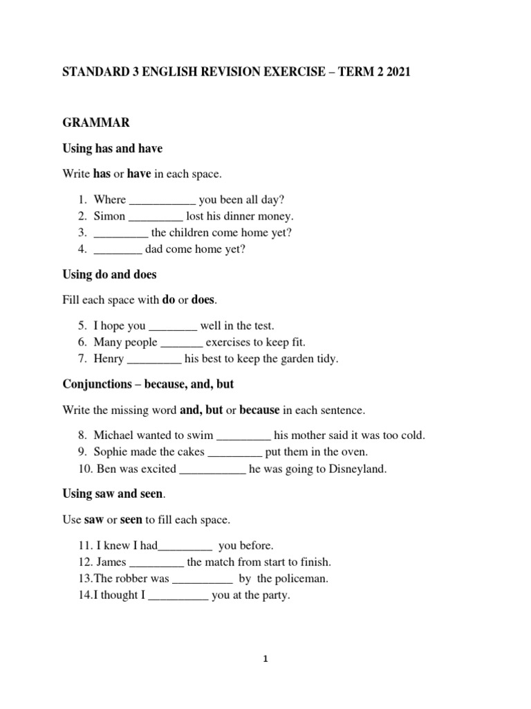 Standard 3 English Revision Exercise | PDF | Cognitive Science | Human ...