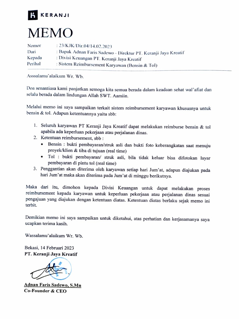 Memo - Sistem Reimbursement Karyawan (Bensin & Tol) | PDF