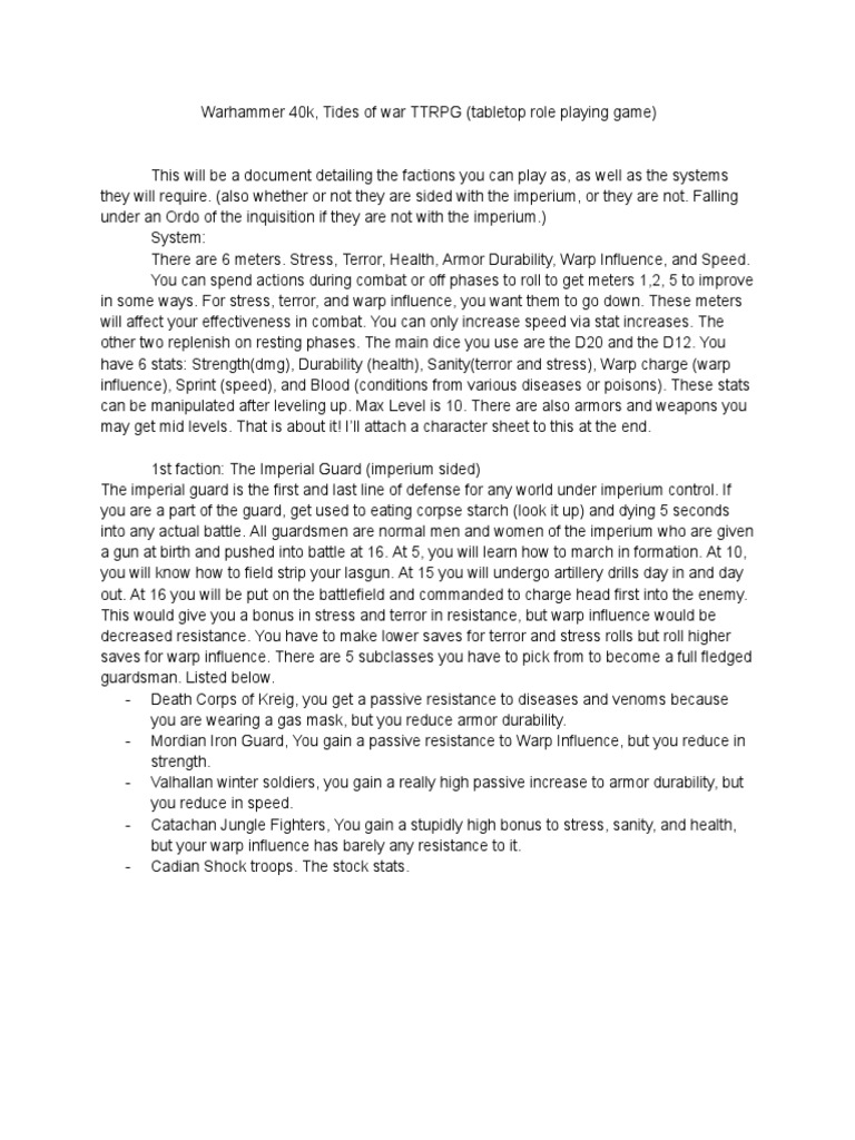 Warhammer 40k, Tides of War TTRPG (Tabletop Role Playing Game) | PDF