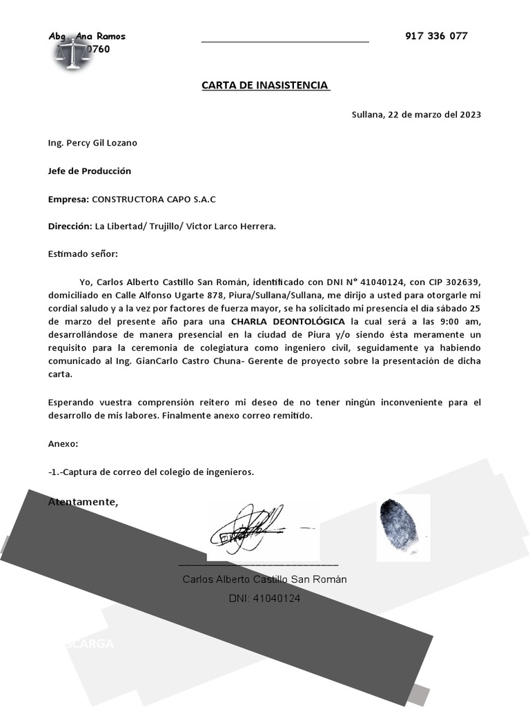 Carta de Inasistencia Laboral - Carlos | PDF Carta de Inasistencia Laboral - Carlos | PDF