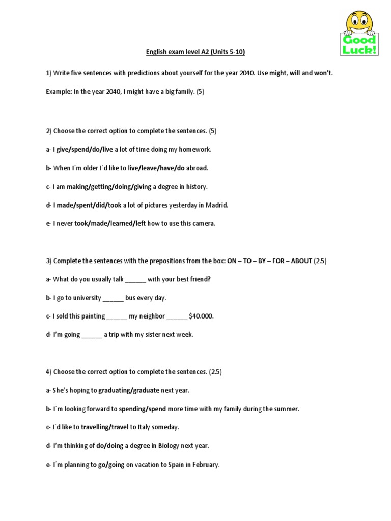 A2 English Exam Practice: Units 5-10 | PDF | English Language | Linguistics