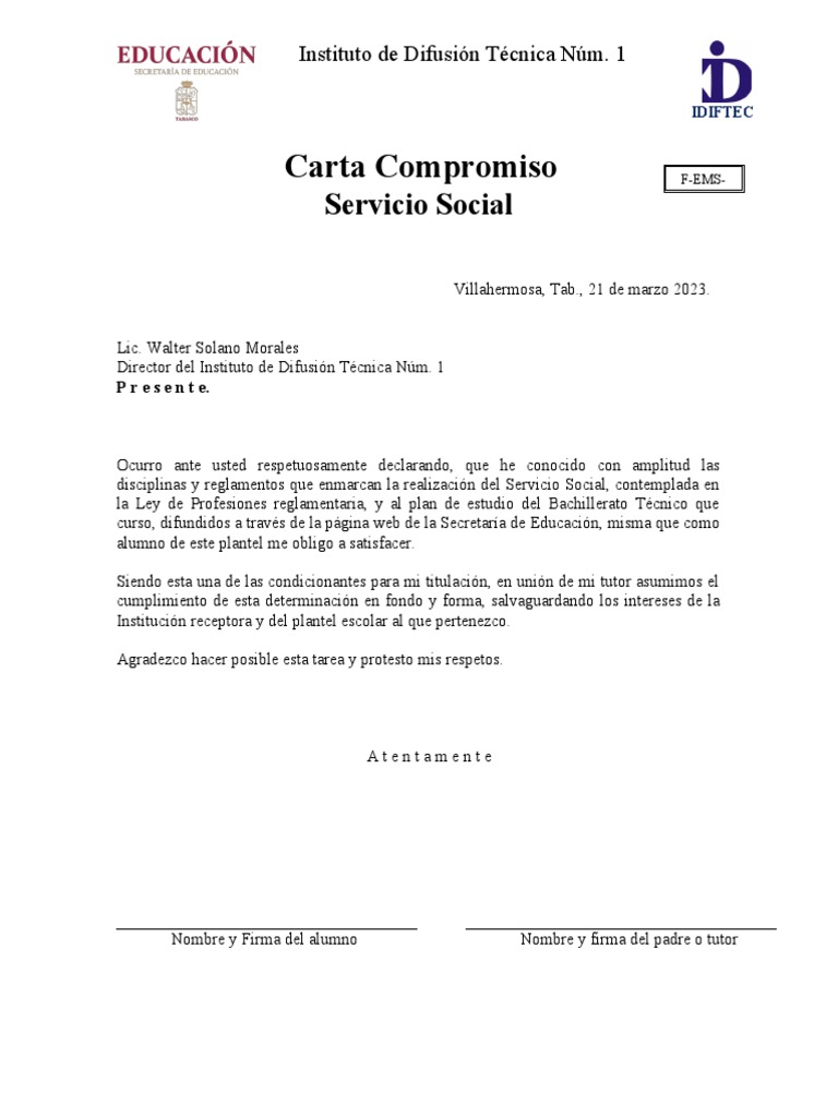 Carta Compromiso Servicio Social IDIFTEC | PDF | Ciencias sociales ...