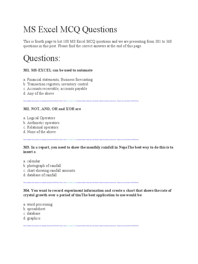 MS Excel MCQ Questions | Download Free PDF | Multiple Choice | Microsoft Excel