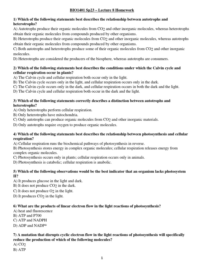 Lecture8 Homework BIO1401 Sp23 | PDF | Photosynthesis | Adenosine Triphosphate
