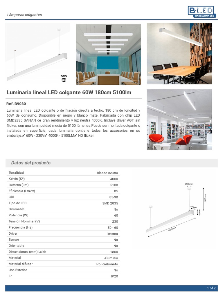 Manual Luminaria Lineal LED Colgante 60W 180cm 5100lm | PDF