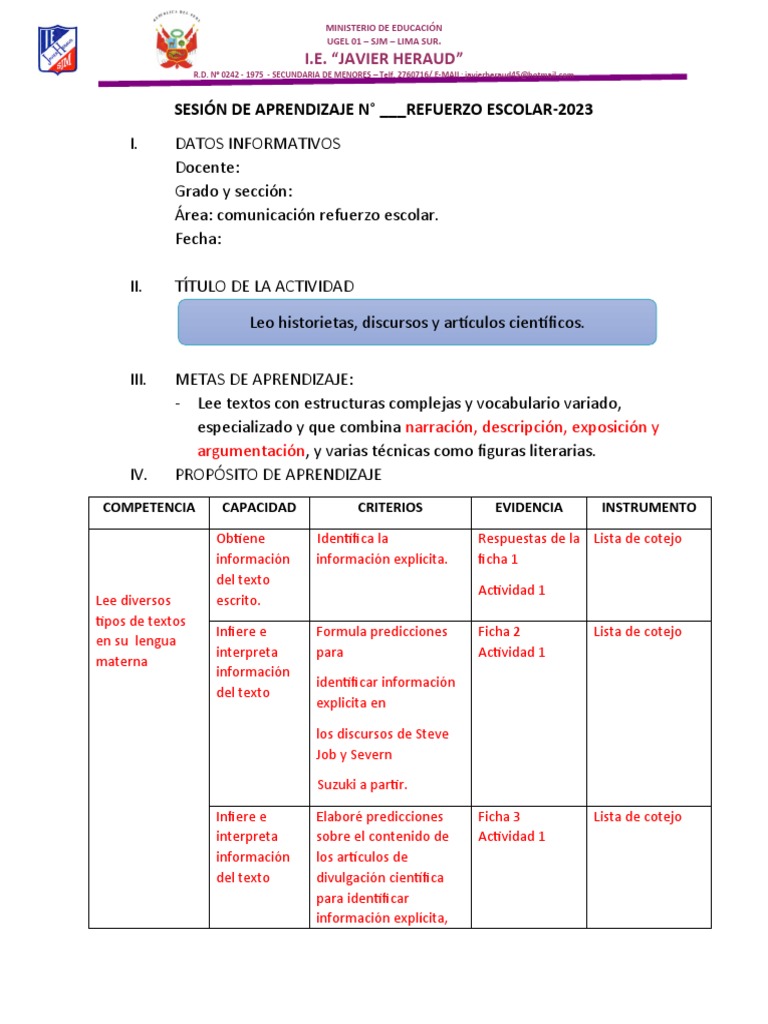 Sesión de Aprendizaje Refuerzo Escolar-2023 | PDF