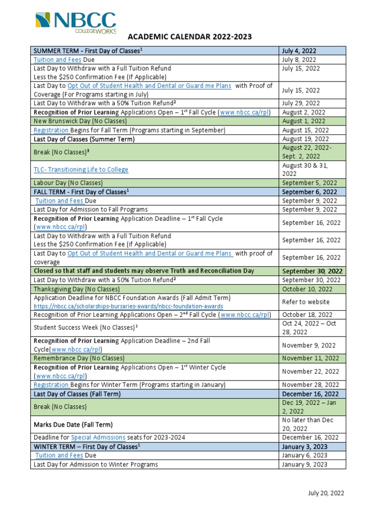 NBCC Academic Calendar 2022-2023 | PDF | Tuition Payments | Academic Term