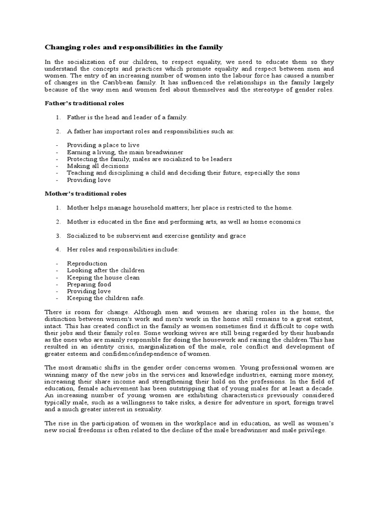 Changing Roles and Responsibilities in The Family | PDF | Woman | Family