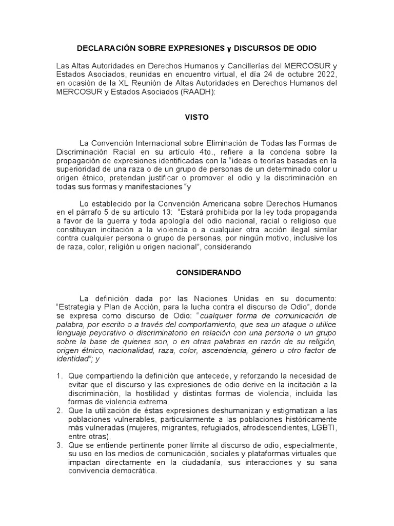 Texto DECLARACIÓN SOBRE EXPRESIONES y DISCURSOS DE ODIO | PDF | El discurso del odio | Raza ...