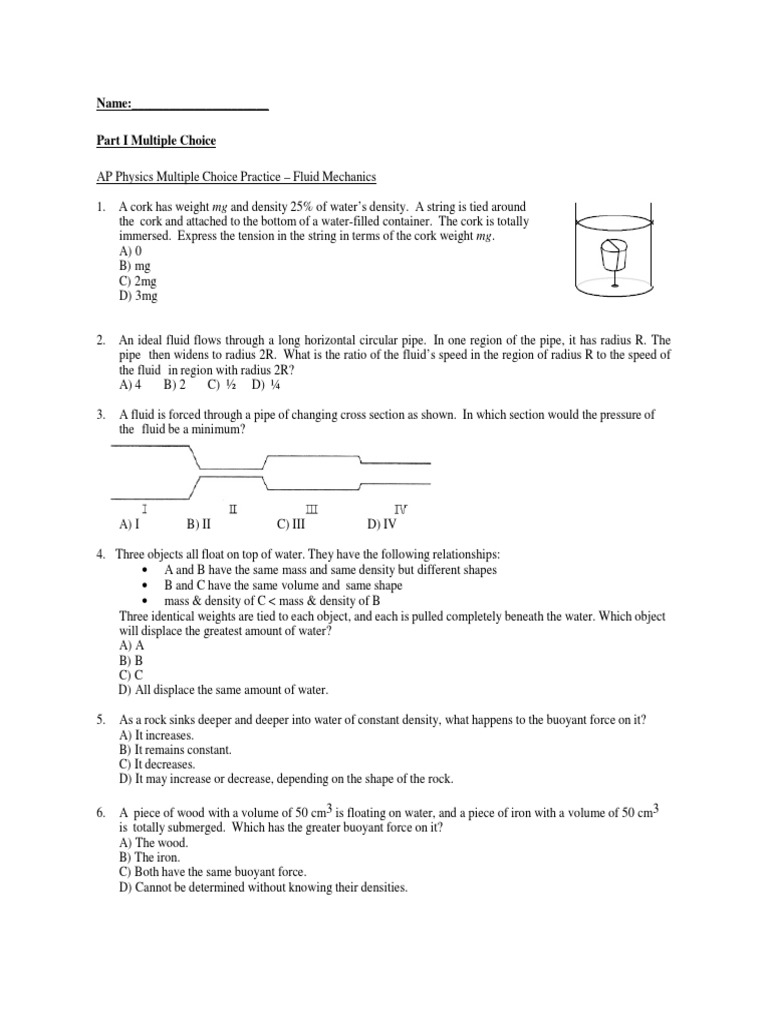 AP Physics Fluid Mechanics Practice | PDF | Buoyancy | Density