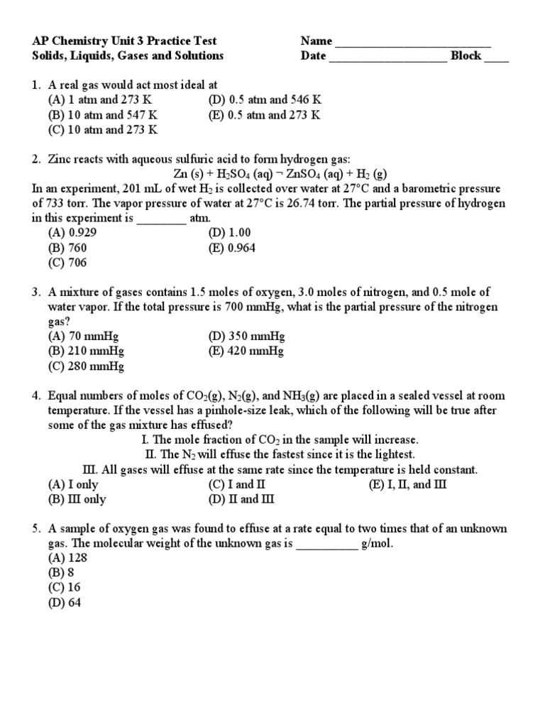 Unit 3 Practice Test Pdf Pdf Precipitation Chemistry Gases