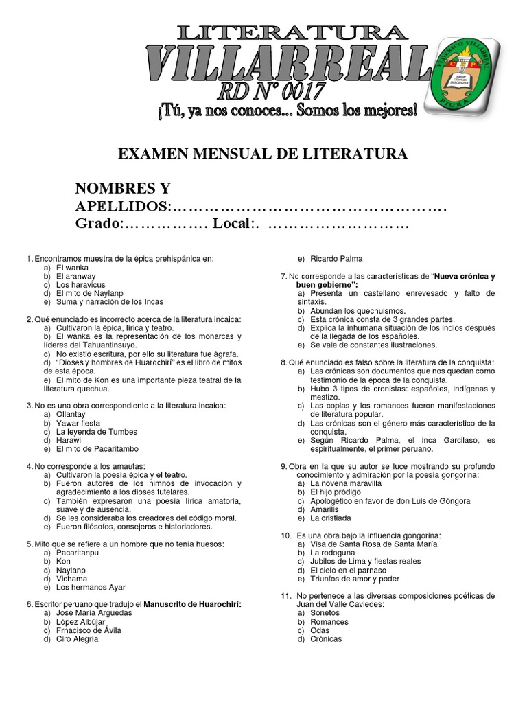 Examen mensual de literatura prehispánica, colonial y republicana ...