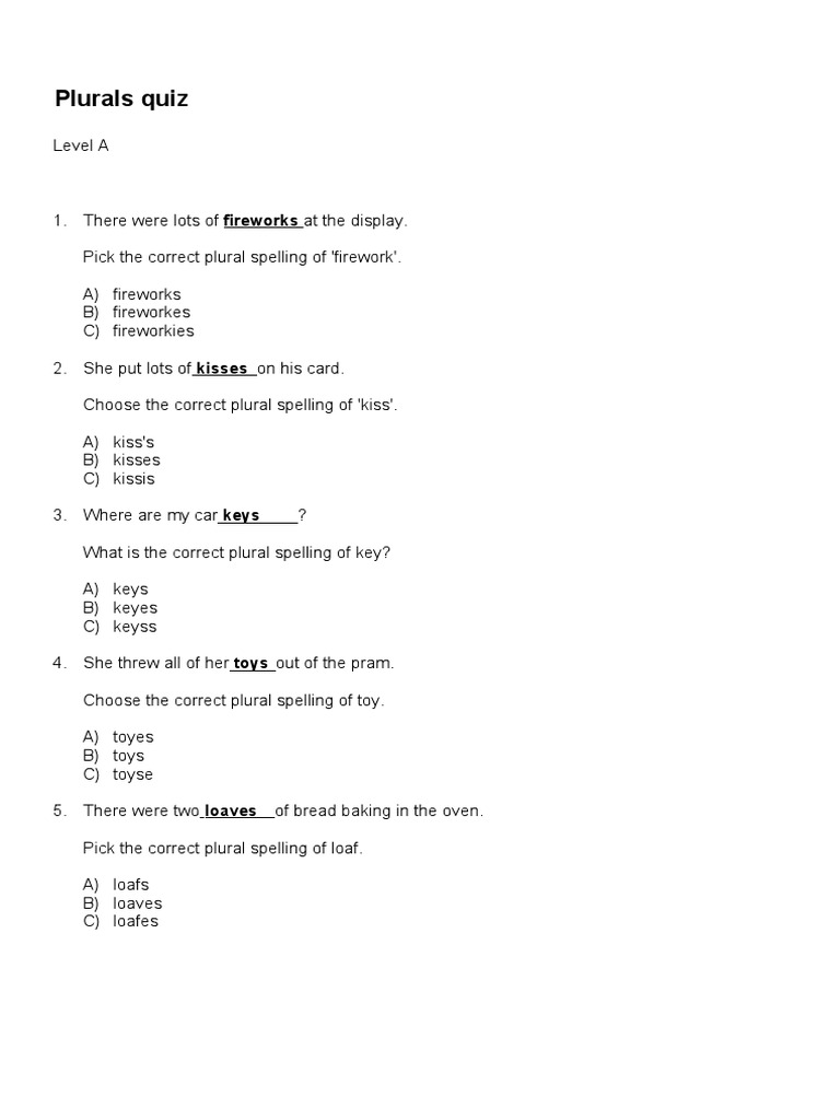 Plurals Quiz..... | PDF