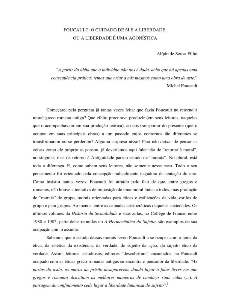 Foucault, o Cuidado de Si e A Liberdade | PDF | Michel Foucault ...