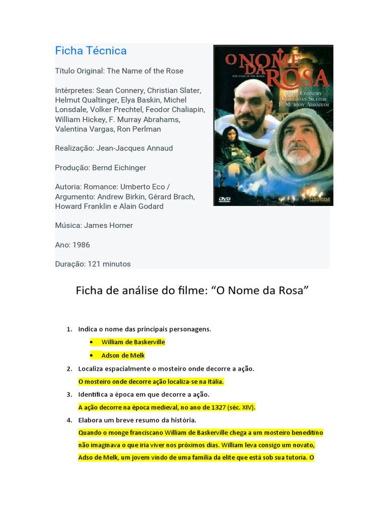 Ficha o Nome Da Rosa | PDF | Inquisição | Igreja católica