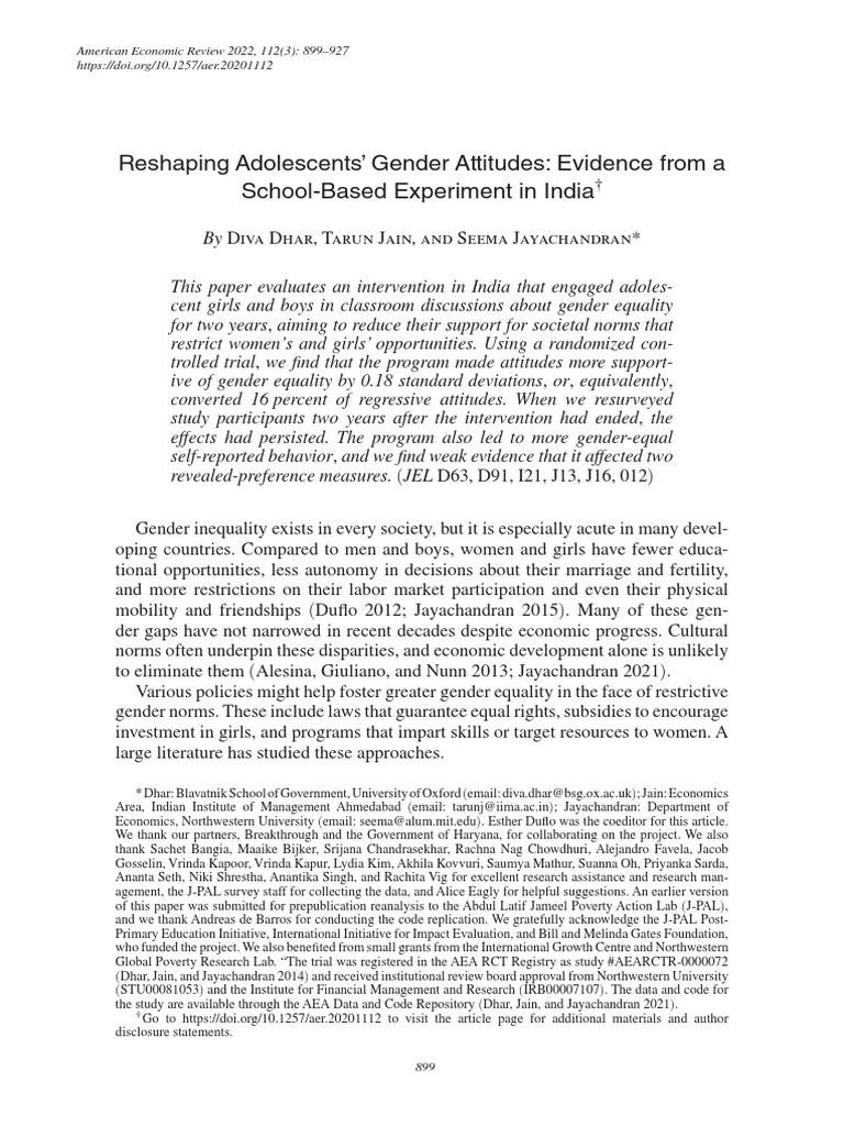 Reshaping Adolescents Gender Attitudes Evidence From A School Based Experiment In India Pdf