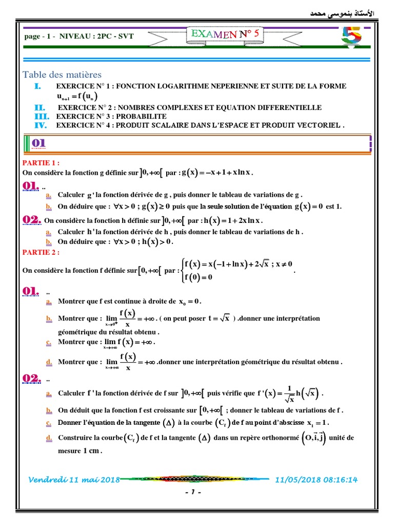 Examen Simili 5 Maths 2 SPC SVT | PDF | Courbe | Fonction (Mathématiques)