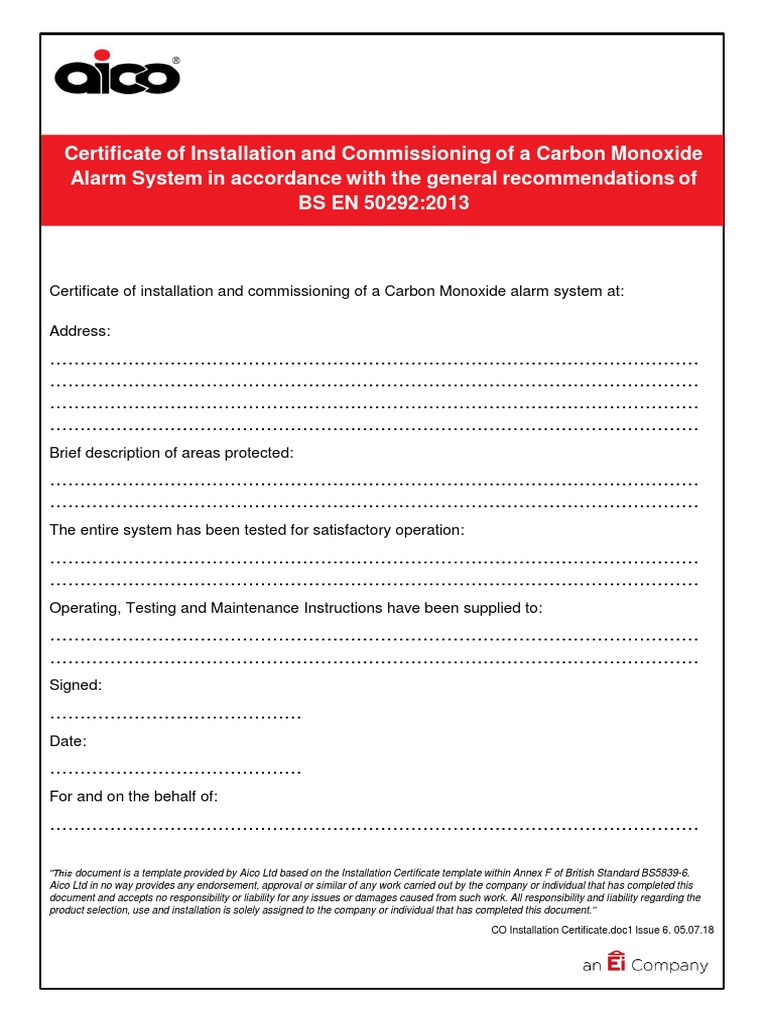 CO Alarm System Installation Certificate | PDF