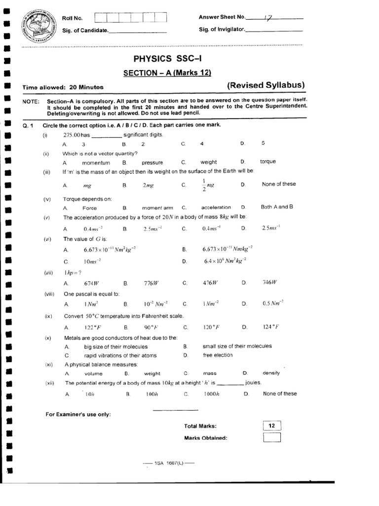 Class 9 Physics FBISE Past Paper 2016 | PDF