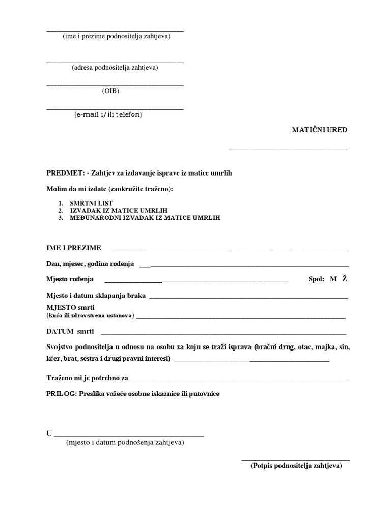 Zahtjev Za Izdavanje Isprave Iz Matice Umrlih1 | PDF