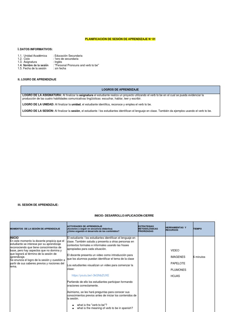 LESSON PLAN Verb To Be | PDF | Aprendizaje | Maestros