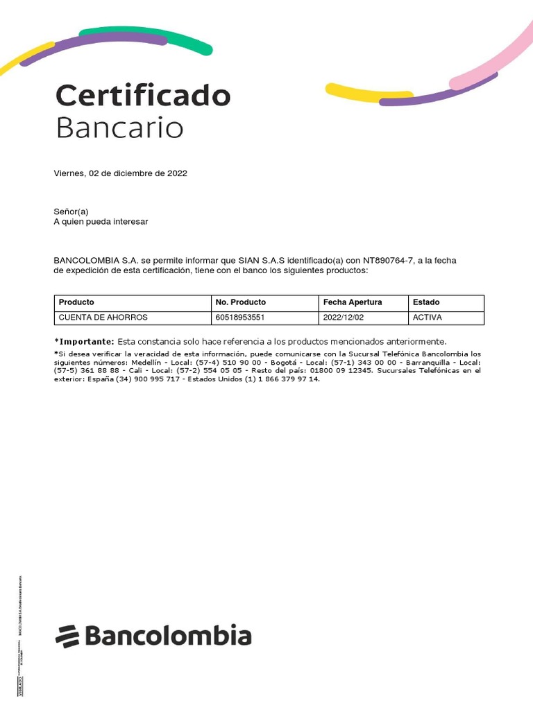 Certificado Bancolombia | PDF