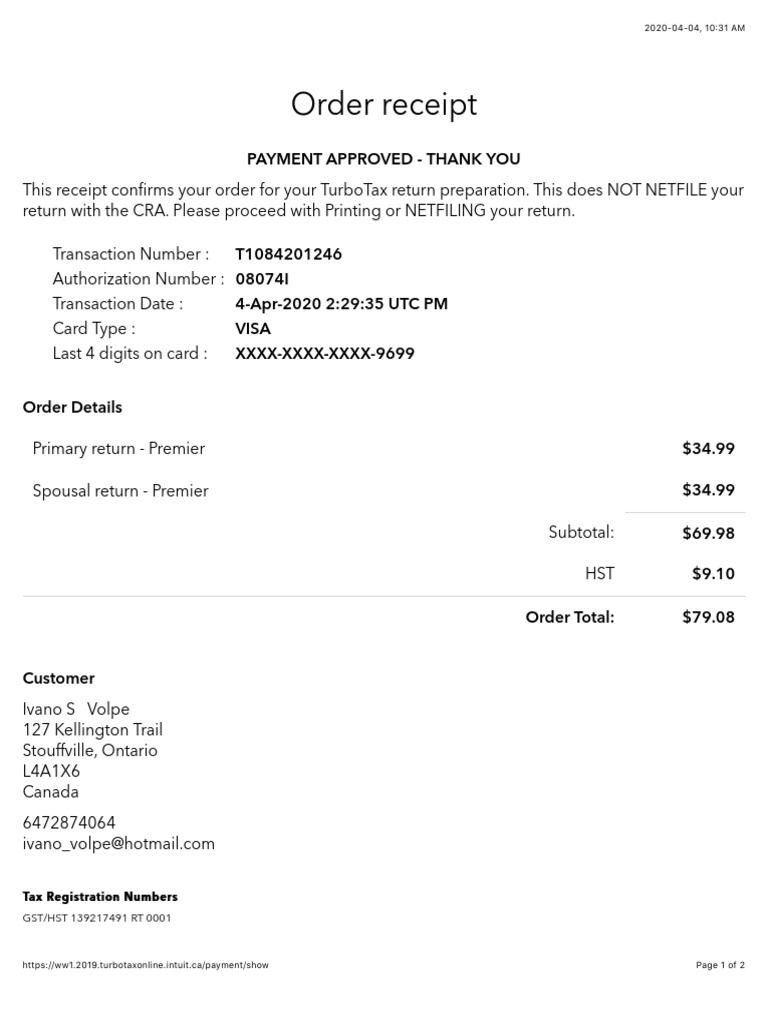 TurboTax Payment Receipt 2020 | PDF