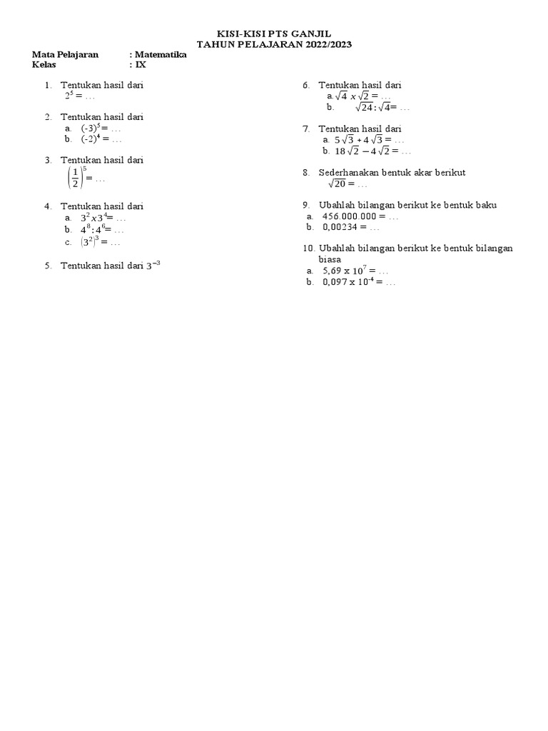 Kisi-Kisi PTS MTK Kelas 9 | PDF | Metode & Bahan Ajar