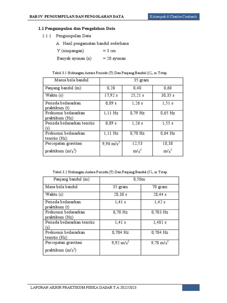 Bab Iv Pengumpulan Dan Pengolahan Data Modul 4 Bandul Sederhana Dan Resonansi Bandul Sederhana | PDF