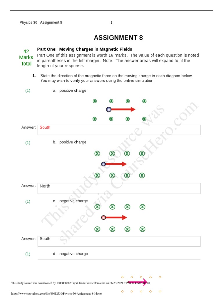Physics 30 Assignment 8 1 PDF | PDF | Magnetic Field | Magnet