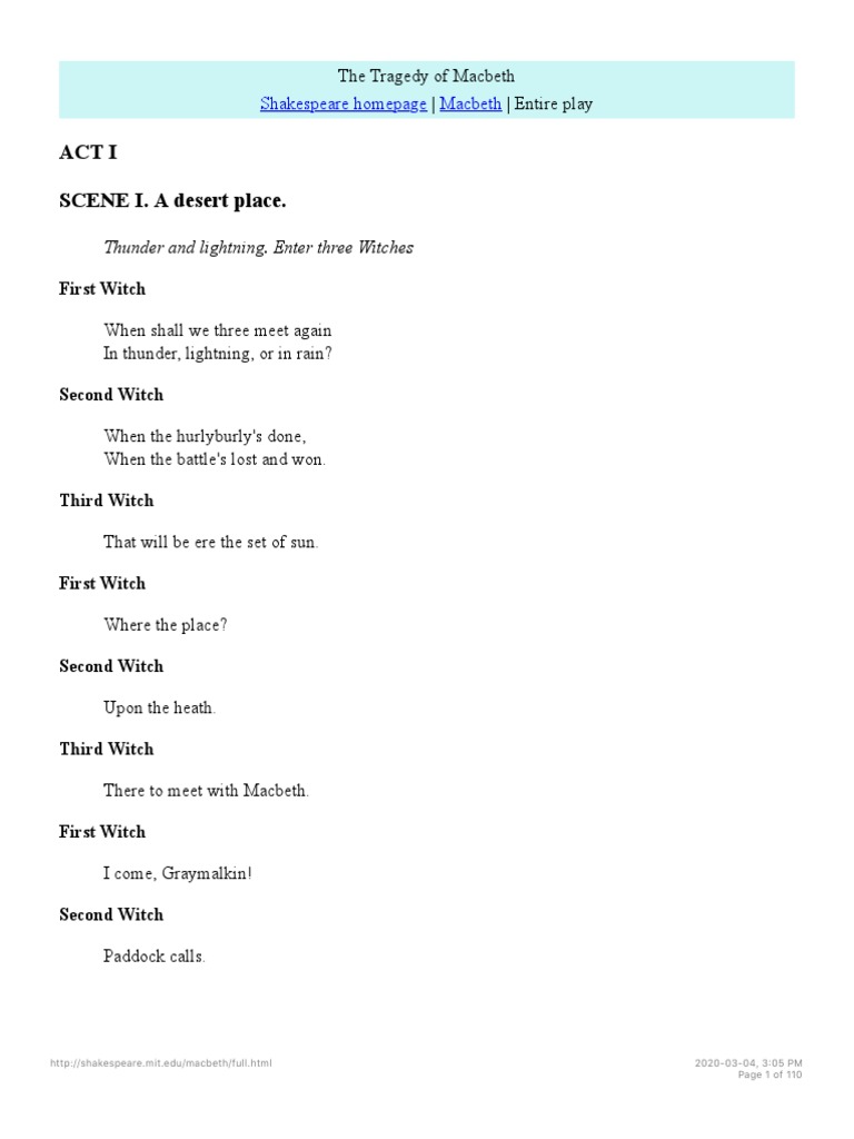 Macbeth - Entire Play | PDF | Macbeth
