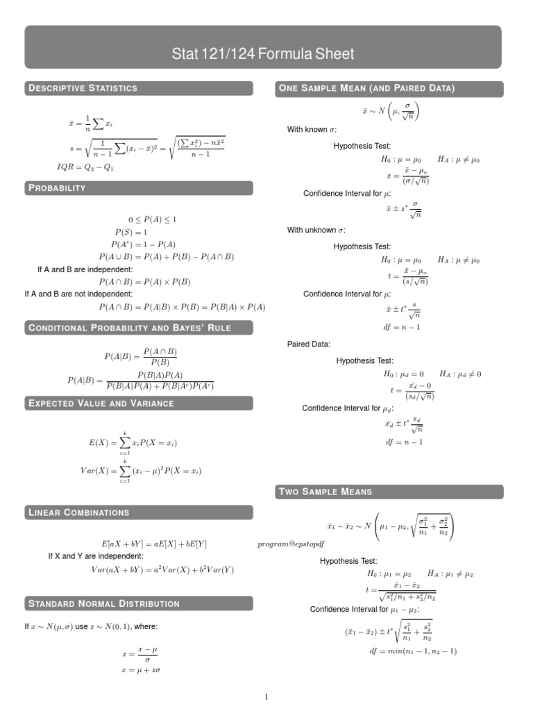 FormulaSheet Stat 124 | PDF | Inference | Statistical Theory