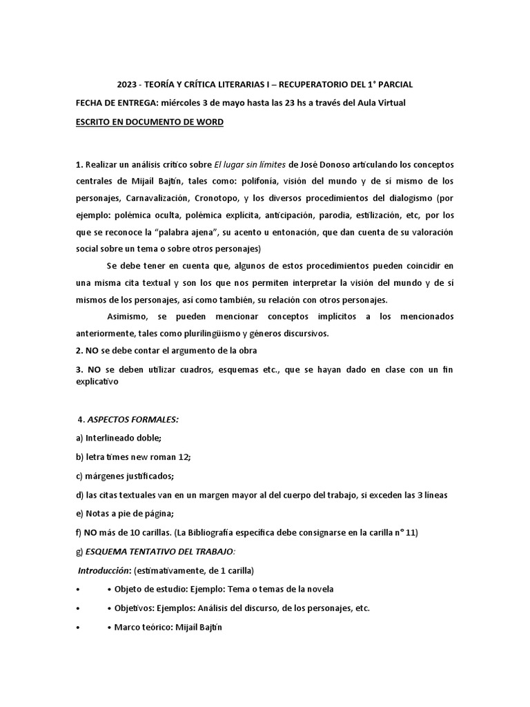 2023 - Teoría y Crítica Literaria - Consigna Del Primer Parcial | PDF | Teoría | Crítica literaria