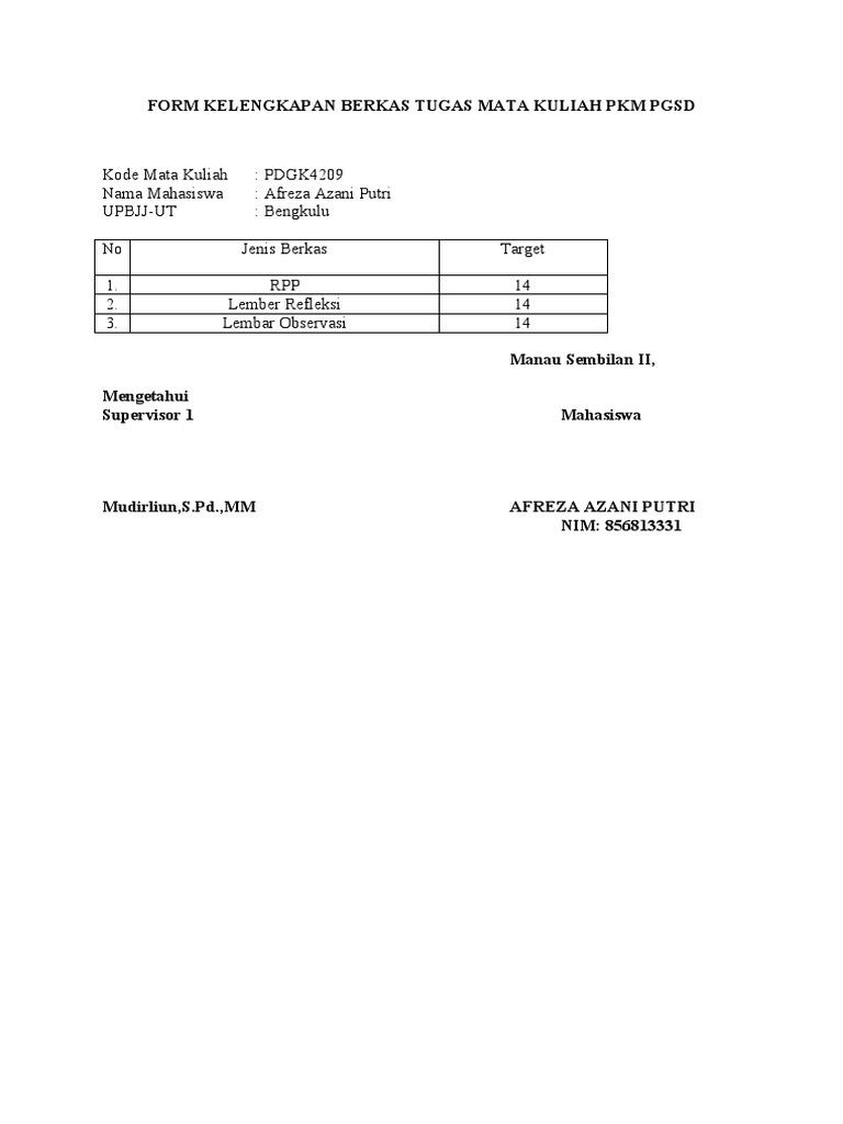 Form Kelengkapan Berkas Tugas Mata Kuliah PKM PGSD | PDF