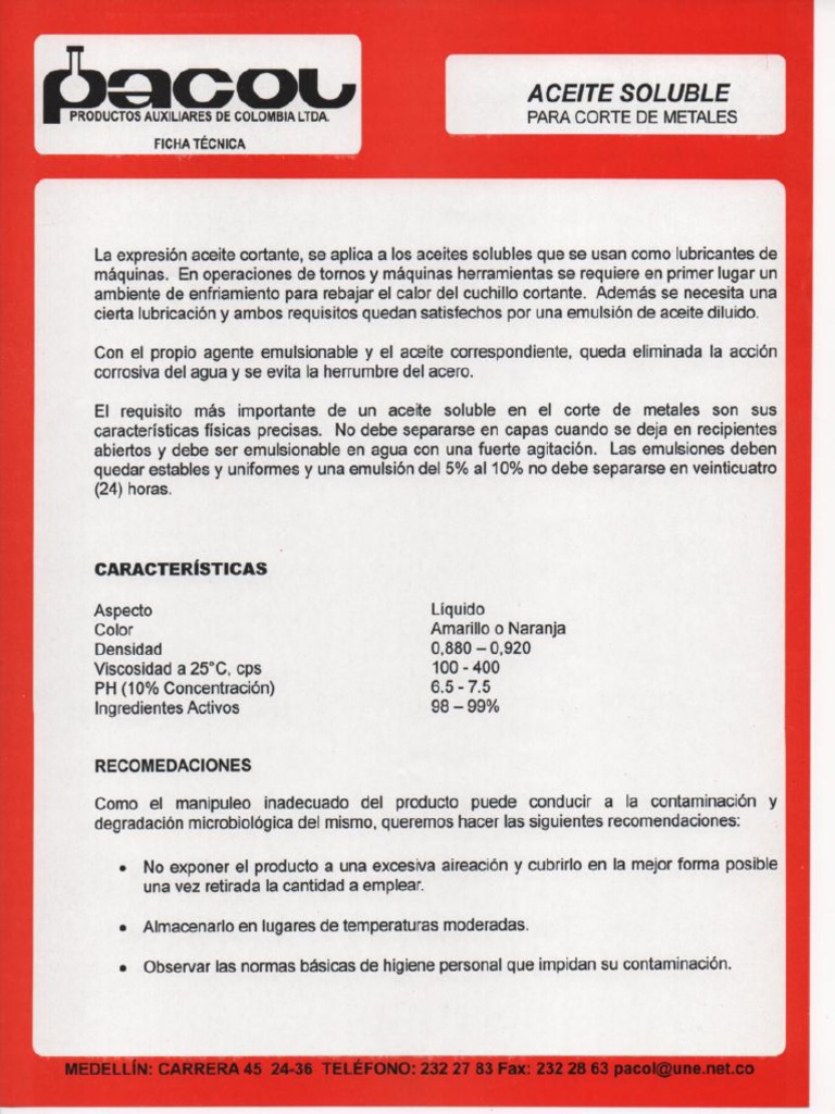 Ficha Tecnica Aceite Soluble Pacol | PDF