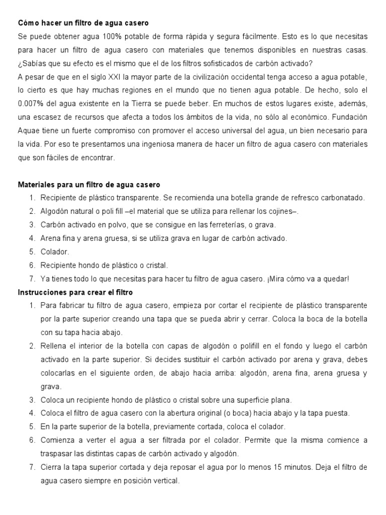 Cómo filtrar agua en casa con | PDF | Agua | El plastico