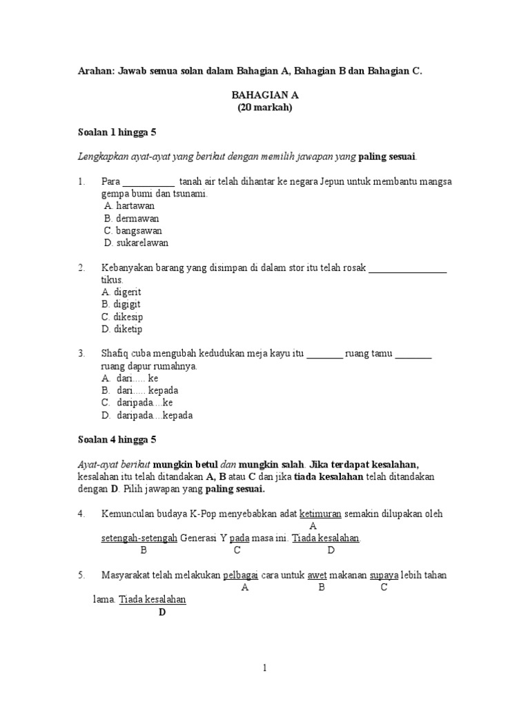 Arahan: Jawab Semua Solan Dalam Bahagian A, Bahagian B Dan Bahagian C. Bahagian A (20 Markah ...