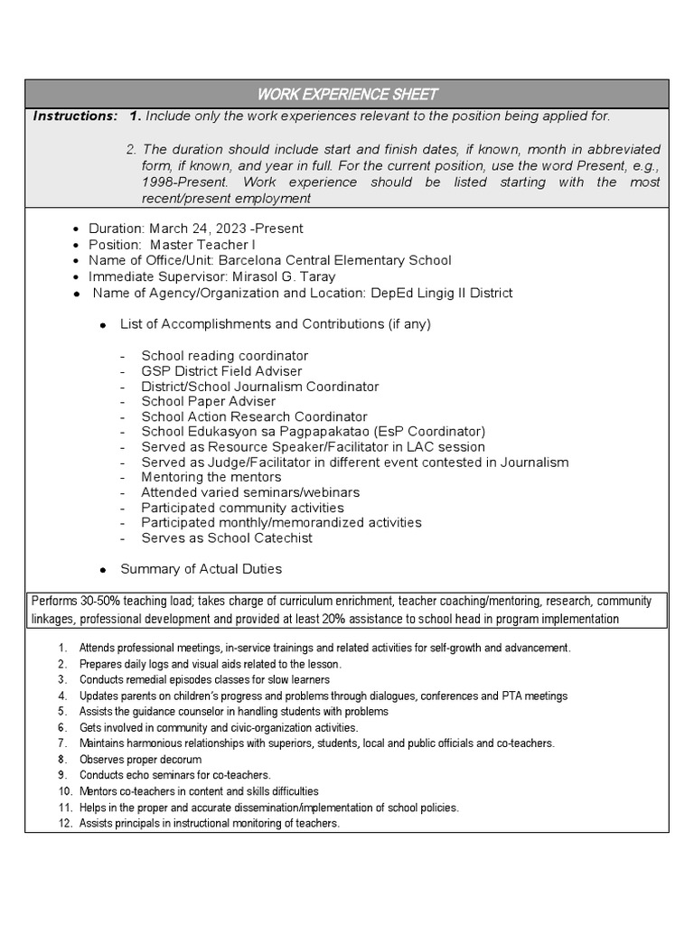 Work Experience Sheet for Master Teacher I | PDF | Teachers | Mentorship