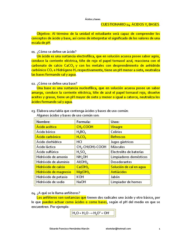 Cuestionario 14 Ácidos Y Bases Pdf Ácido Ph
