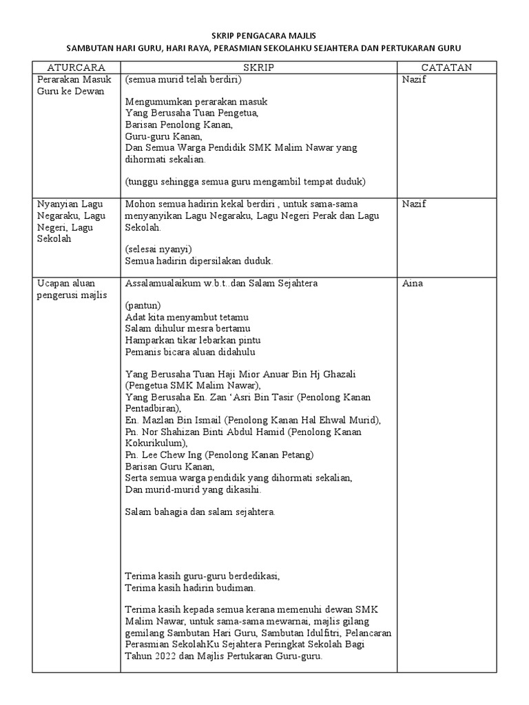 SKRIP PENGACARA MAJLIS Hari Guru 2022 by NIK DA | PDF