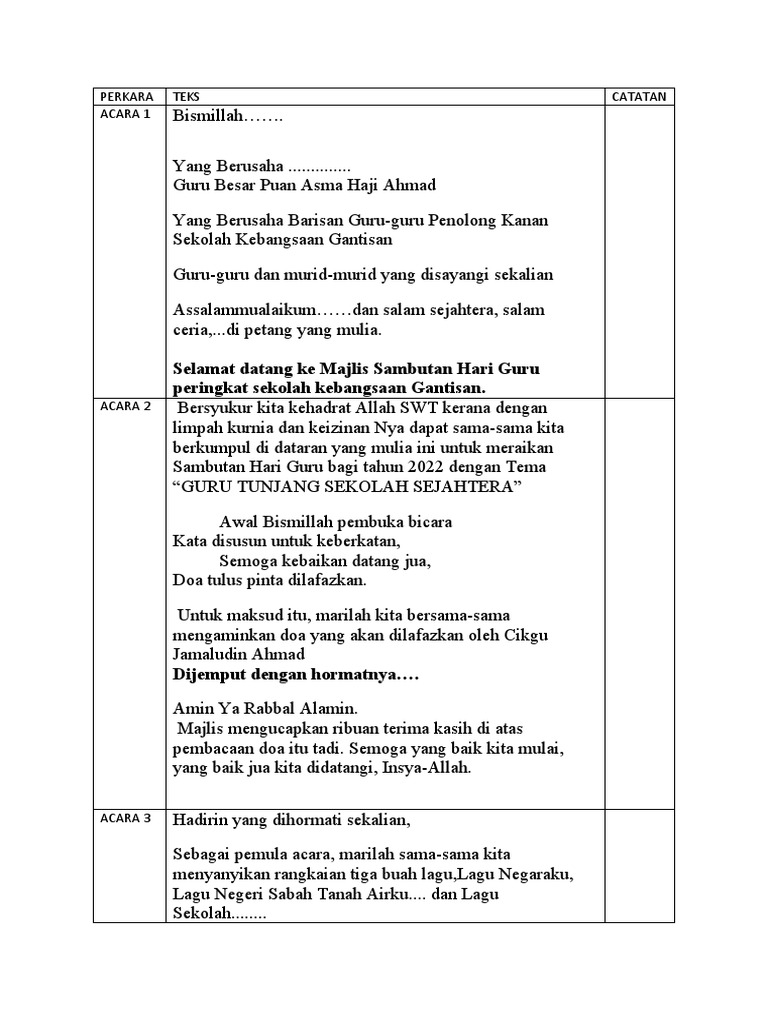 Teks Emcee Hari Guru 2022 | PDF
