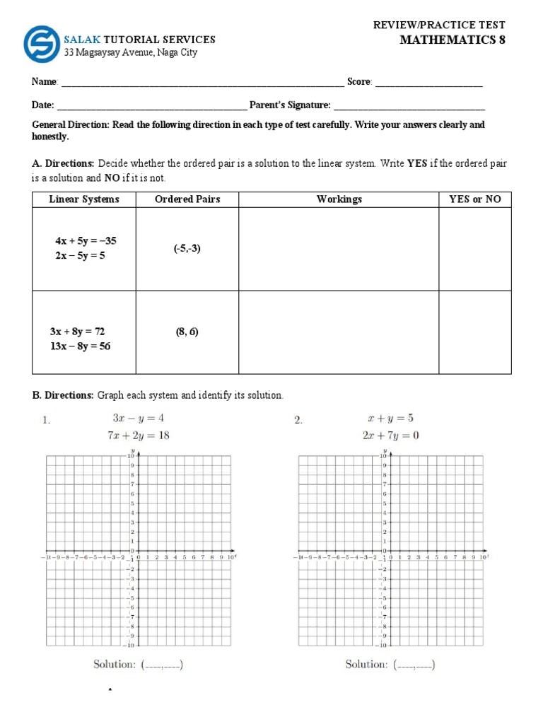 Practice Test Mathematics 8 A | Download Free PDF | System Of Linear ...