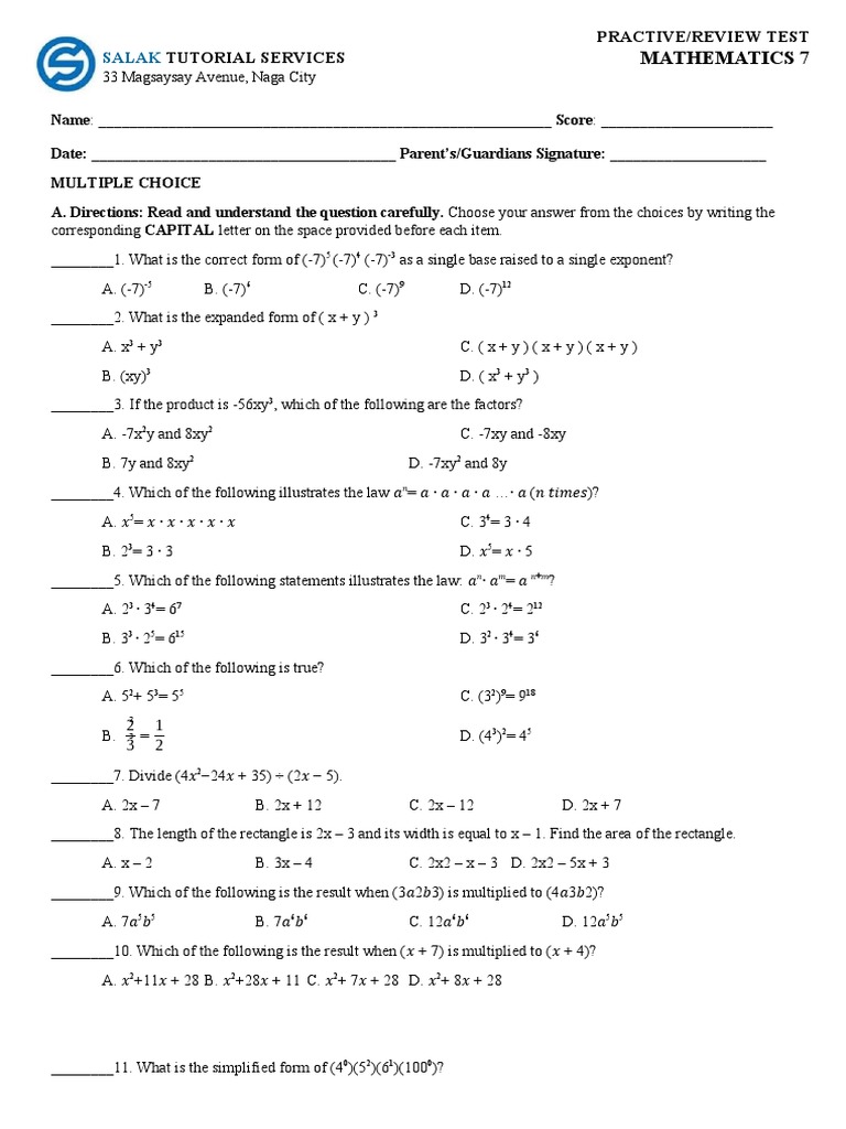 Practice Test Mathematics 7 | PDF | Area | Polynomial