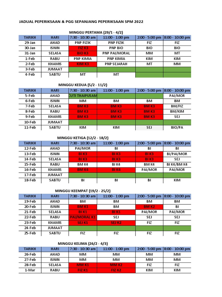 SPM 2022 Examination Timetable | PDF