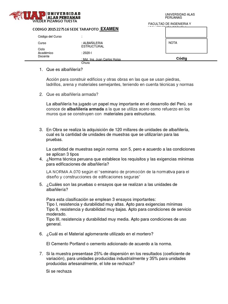 Examen Final De Ae Pdf Mortero Albañilería Materiales