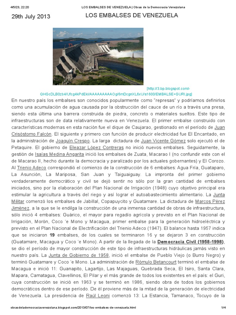 Principales embalses de Venezuela | PDF | Venezuela | Reservorio
